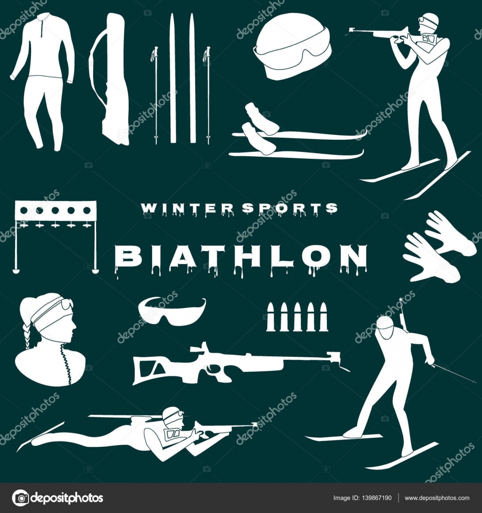 Flat design biathlon white symbols on aquamarine background Stock ...