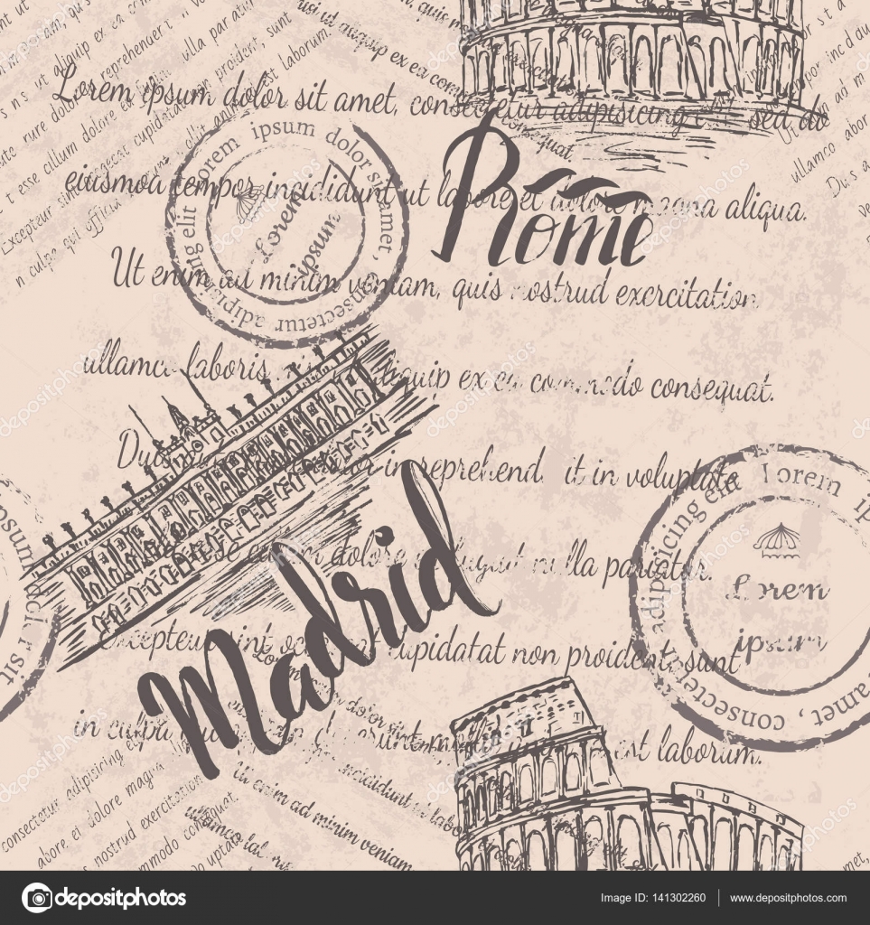 Faded text, stamps, Coliseum, lettering Rome, Royal Palace of Madrid ...