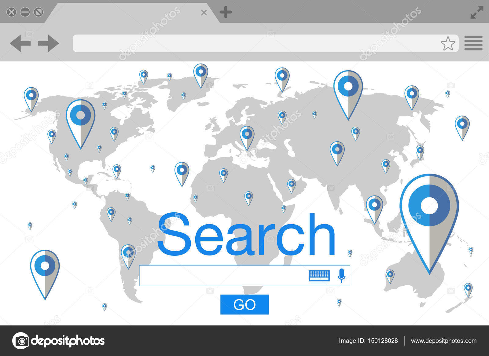 Flat style browser search engine. World map with pins — Stock Photo ...