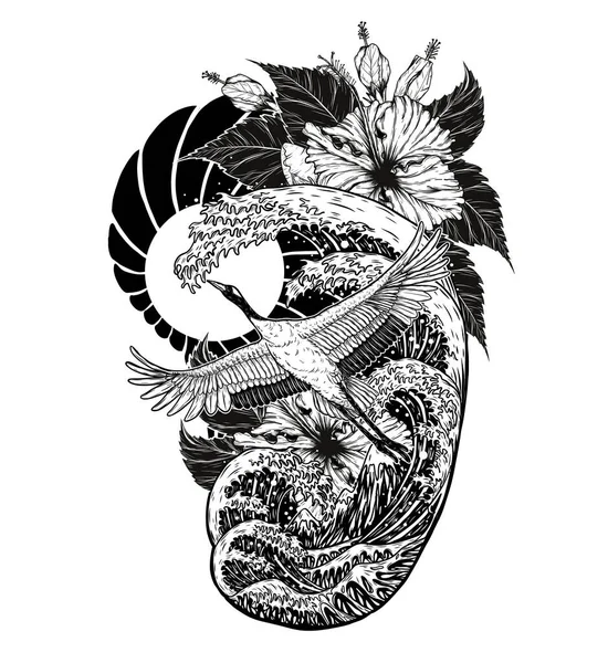 Red Crowned Crane Flower Vector Hand Drawing Beautiful Bird White Stock ...