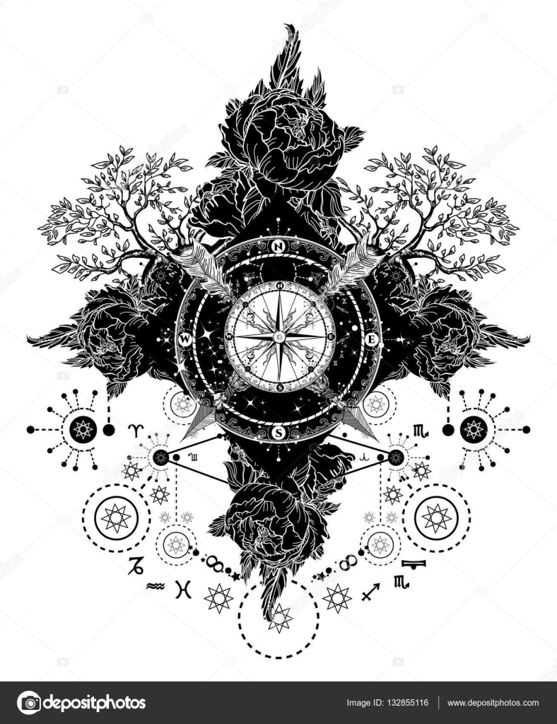 Tattoo art. Compass, crossed arrows, roses, evergreen tree. — Stock ...
