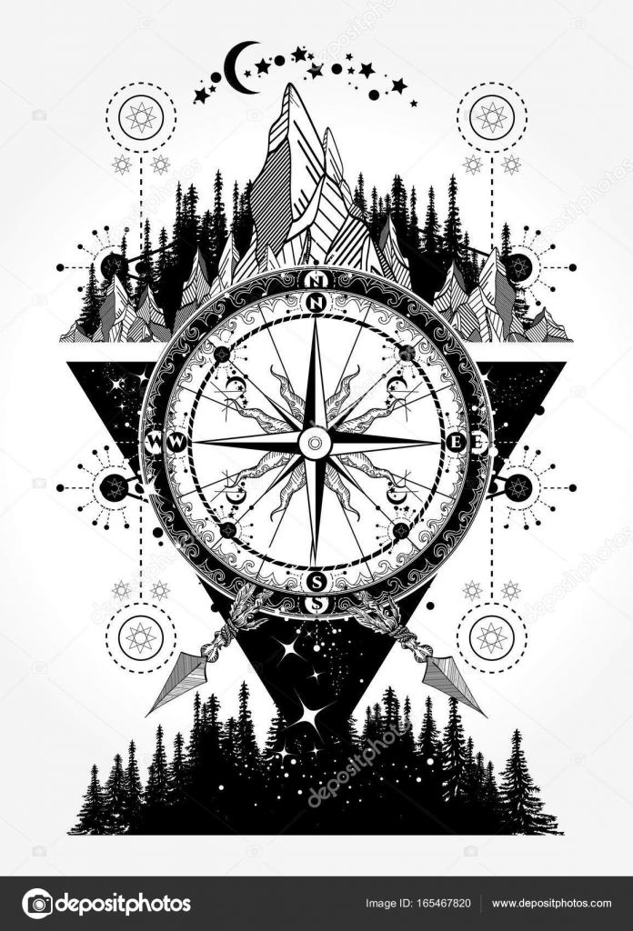 Mountains and antique compass tattoo art. Compass, mountains — Stock ...