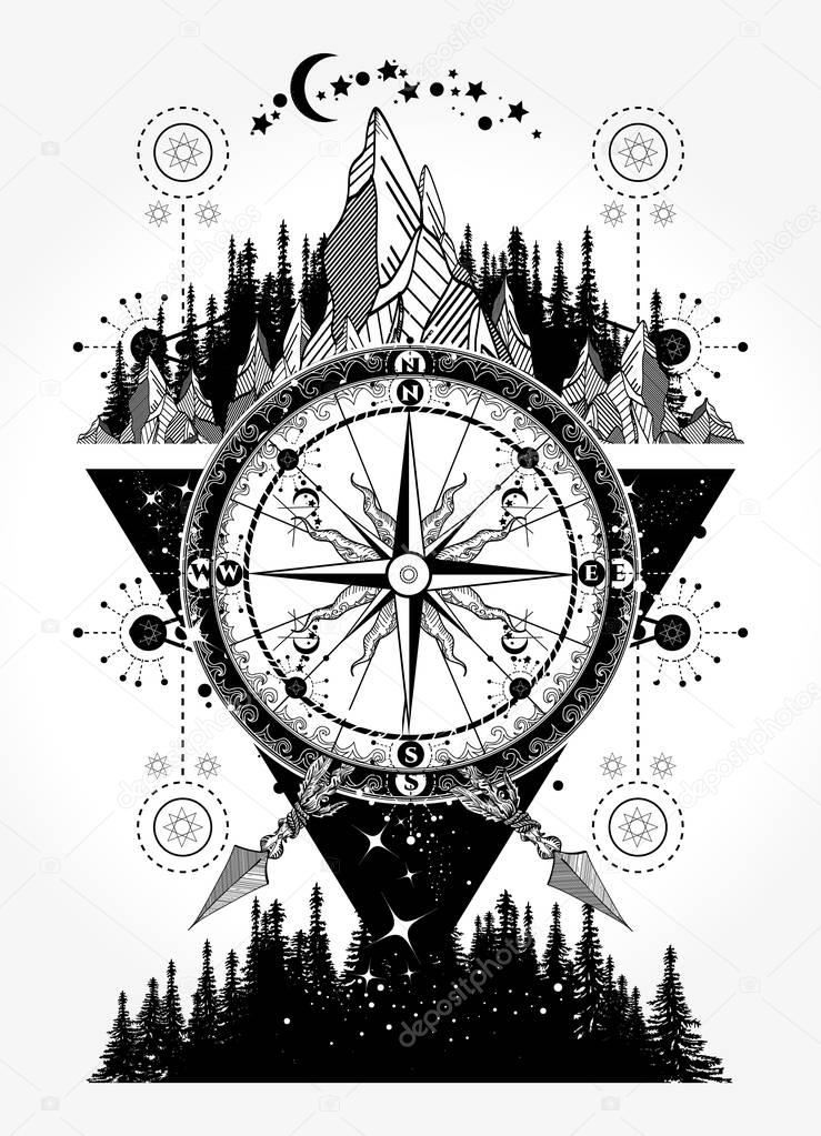 Mountains and antique compass tattoo art. Compass, mountains — Stock ...