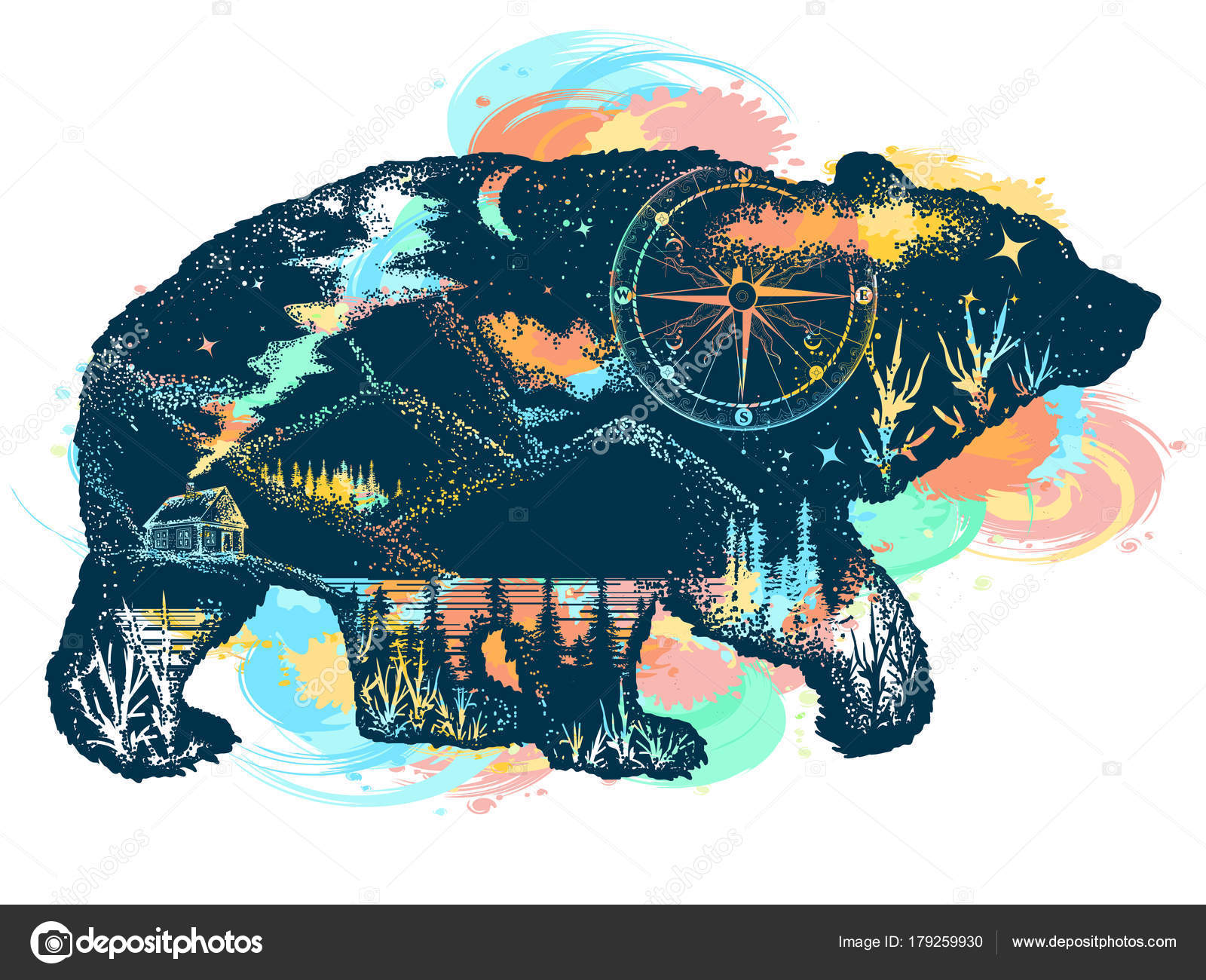 Magic Bear Double Exposure Color Tattoo Art Mountains Compass Bear ...