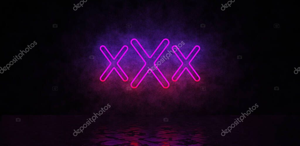 Tres letras neón X en un fondo de pared de hormigón. Señal brillante en ...