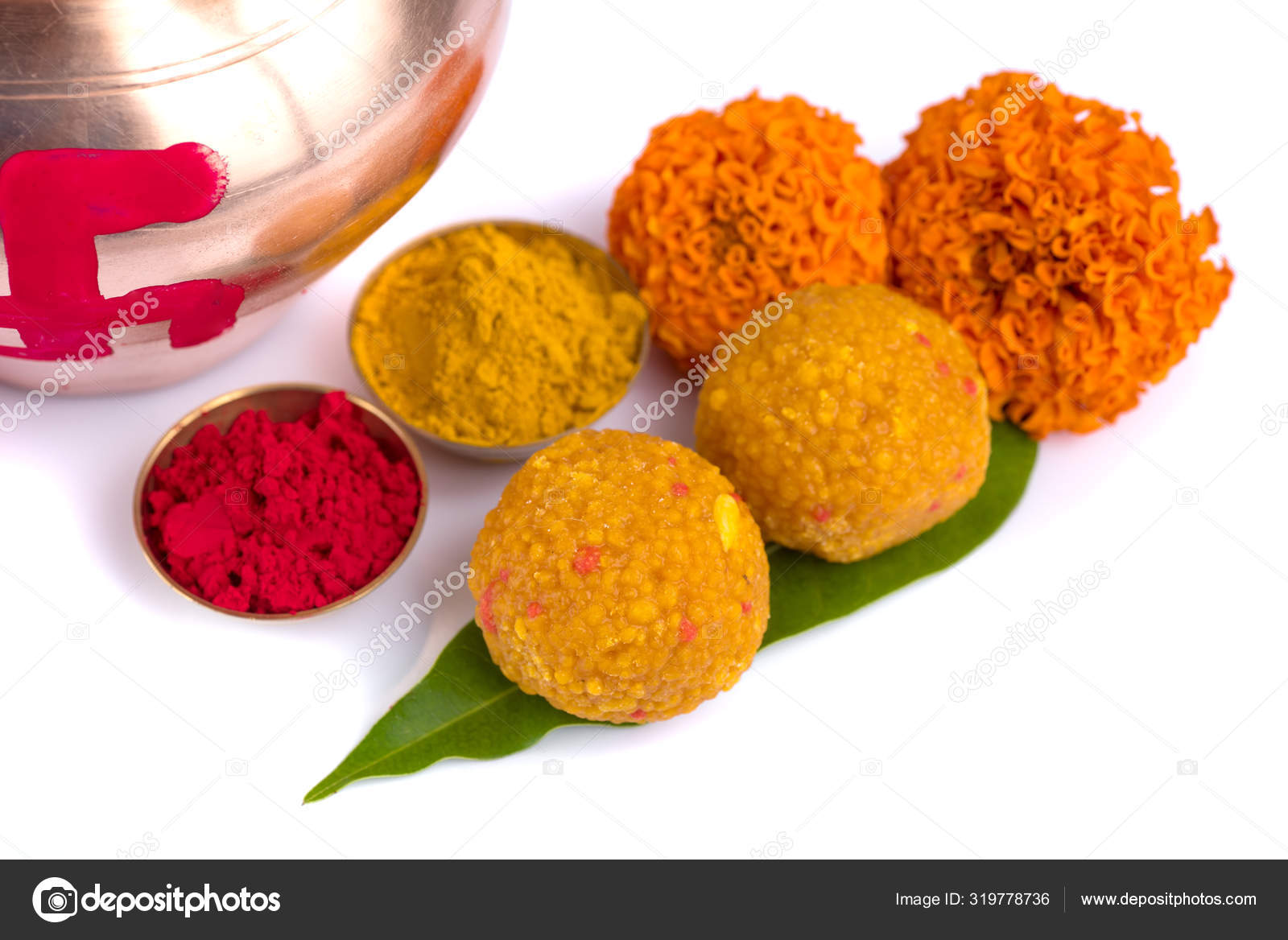 Copper Kalash Coconut Mango Leaf Haldi Kumkum Sweets Marigold Flower ...