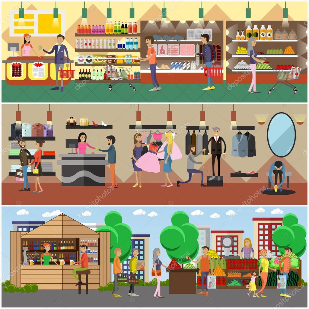 People shopping in a store and local market concept banners. Colorful ...