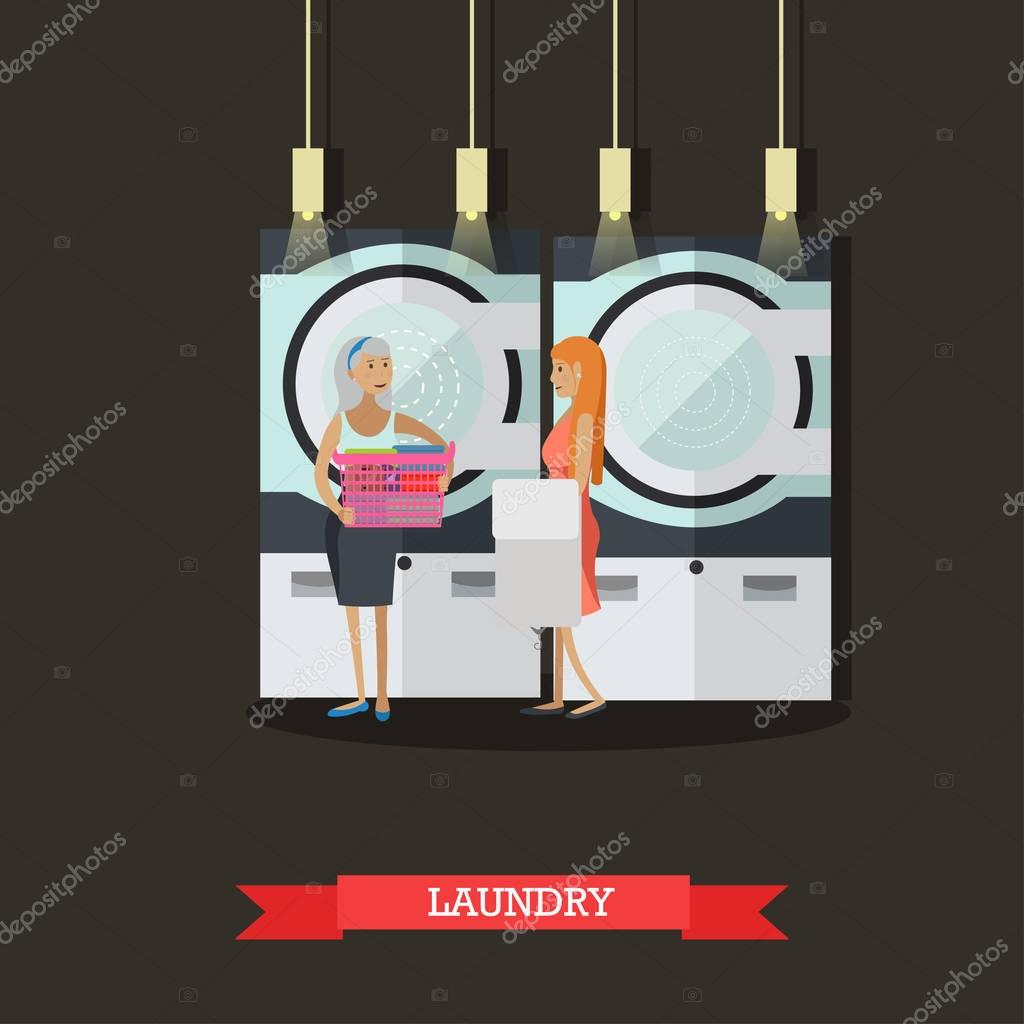 People in self-service laundry vector poster. Room interior banner ...
