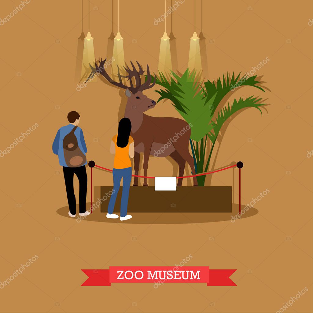 Ilustración vectorial de ciervos rellenos y visitantes en museo ...