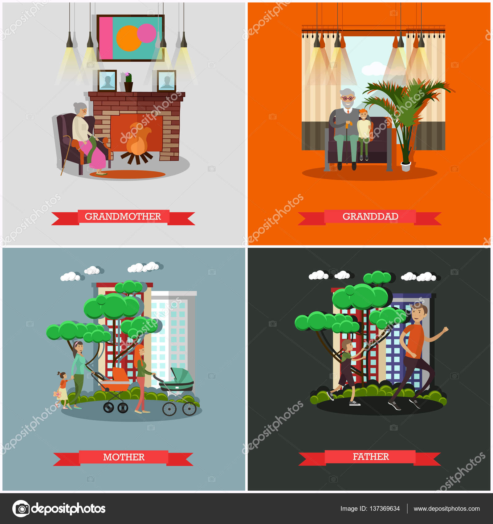 Vector set of family concept design elements in flat style. Stock ...