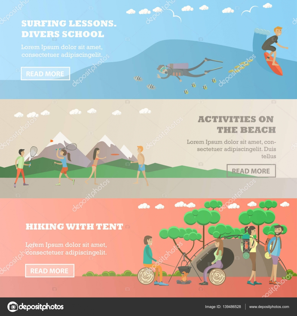 Vector set of water sports, outdoor activity concept horizontal banners ...