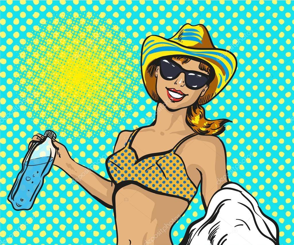 Vector Pop Art Illustration Of Woman In Swimsuit On Beach — Stock
