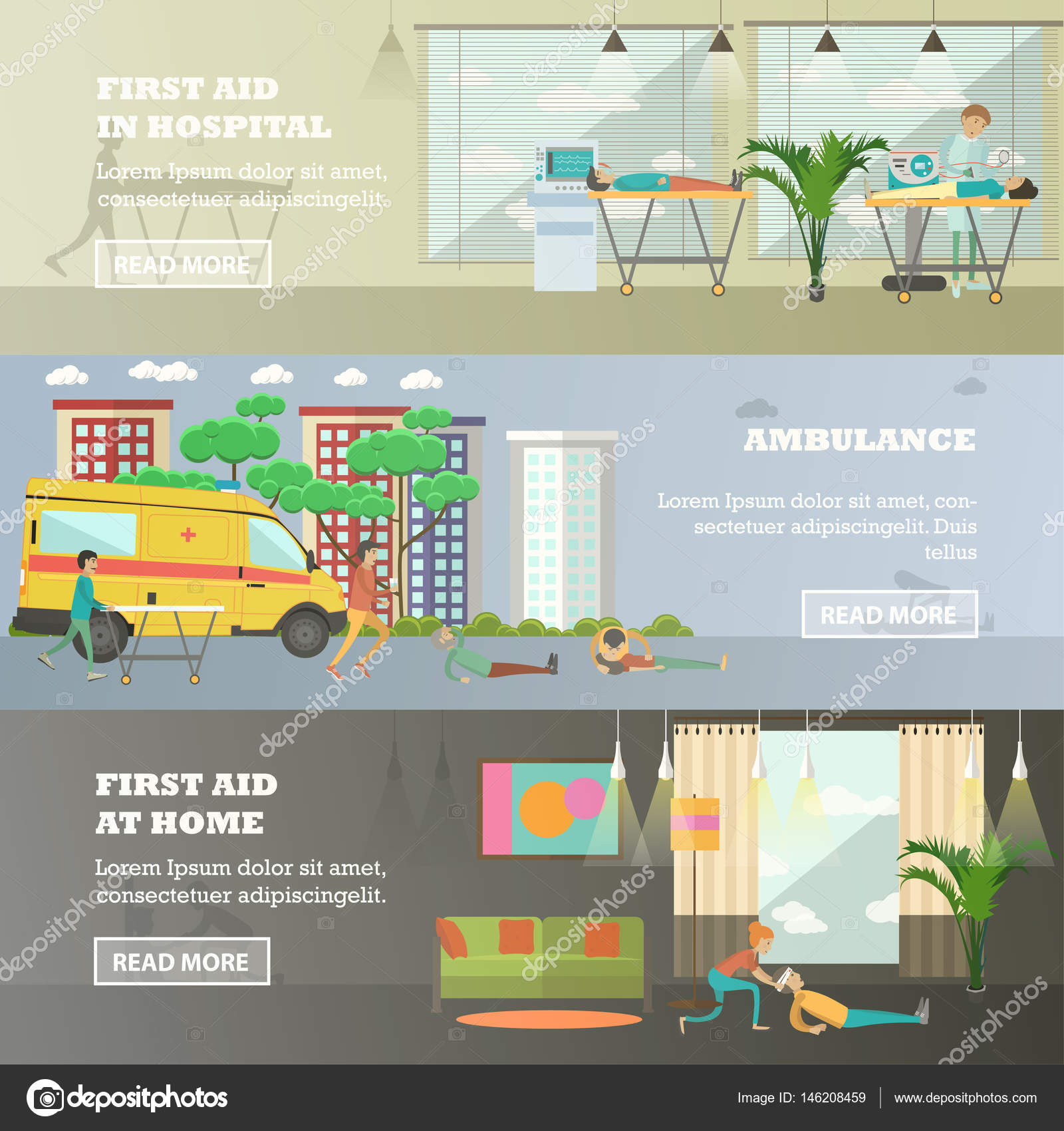 Vector set of first aid horizontal banners in flat style Stock Vector ...