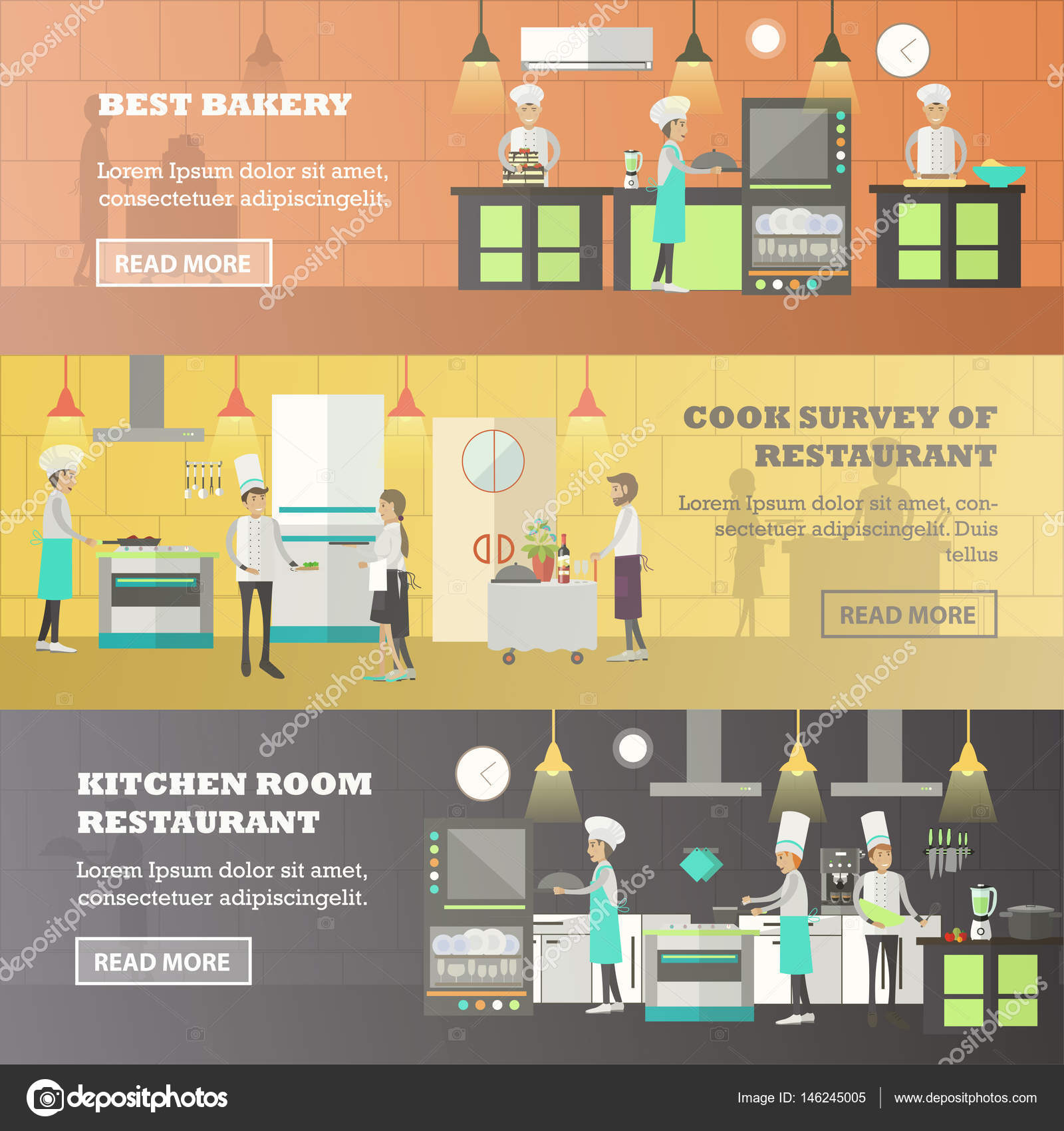 Vector set of kitchen horizontal banners in flat style Stock Vector by ...