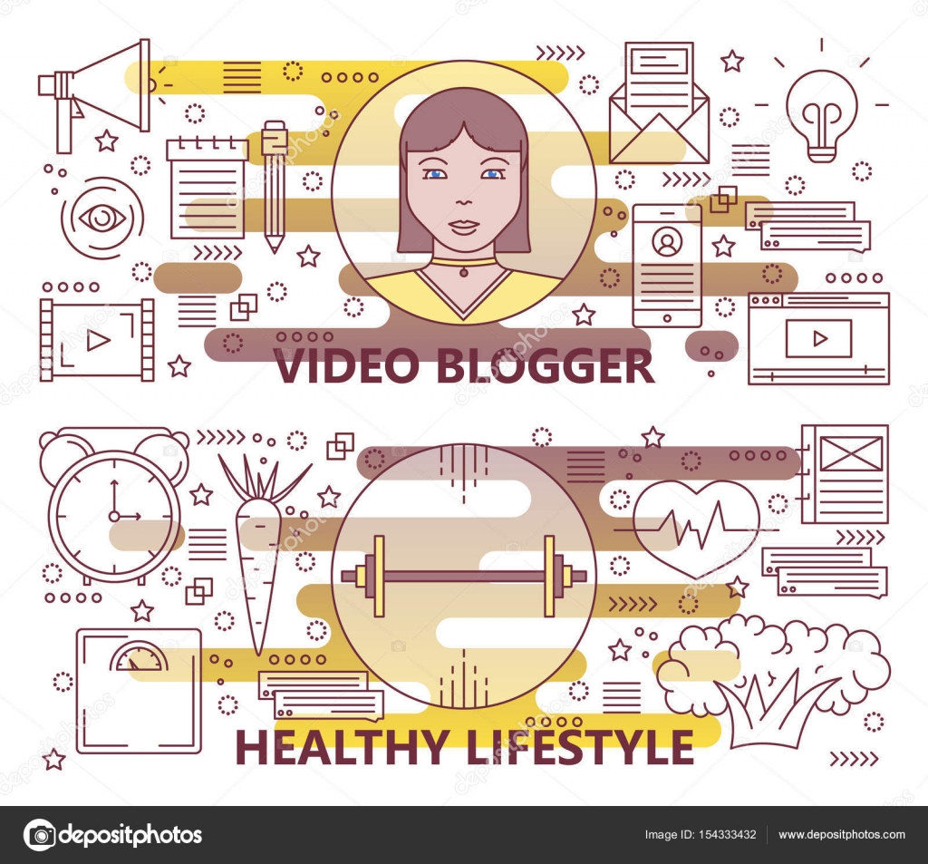 Vector set of thin line Video blogger, Healthy lifestyle banners Stock ...