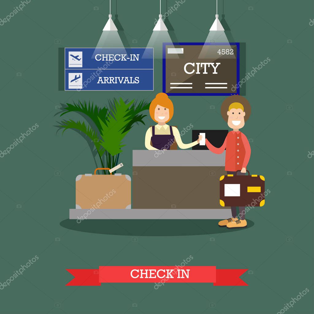 Aeropuerto check-in vector ilustración en estilo plano 2023