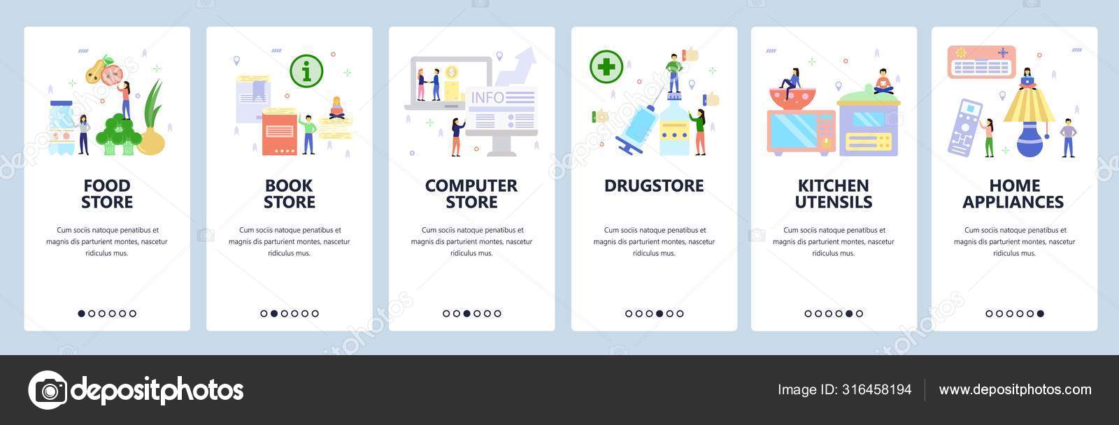 Mobile app onboarding screens. Food store, book, computer, pharmacy ...
