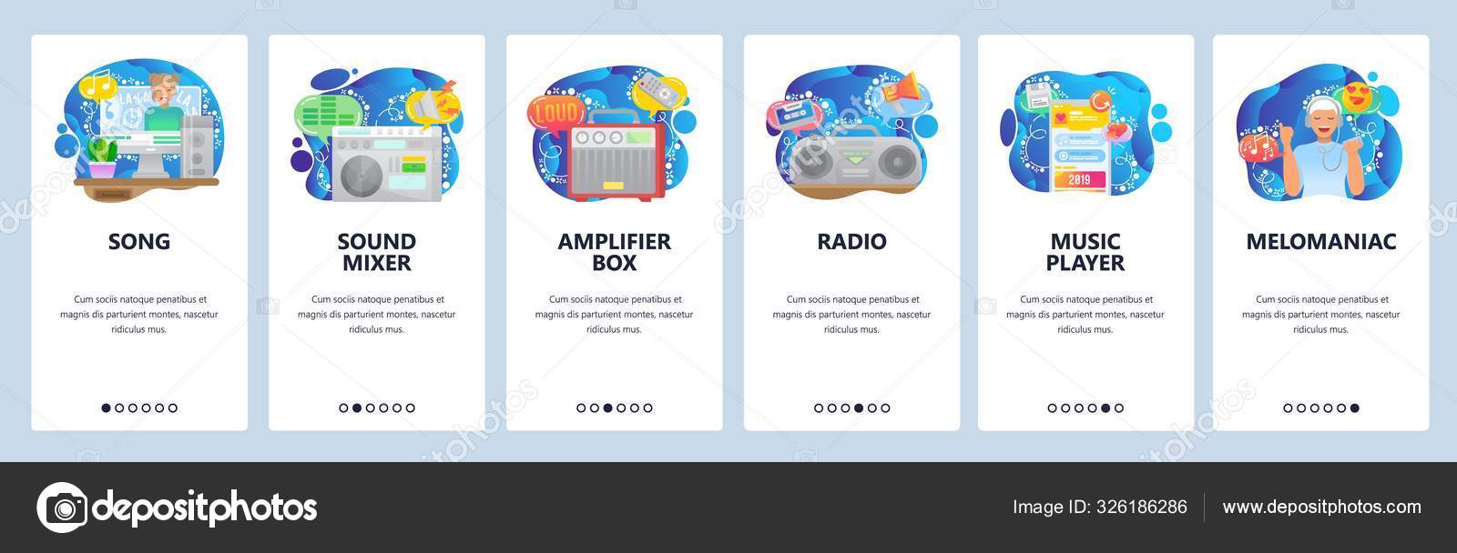 Mobile app onboarding screens. Sound and audio equipment, mixer ...
