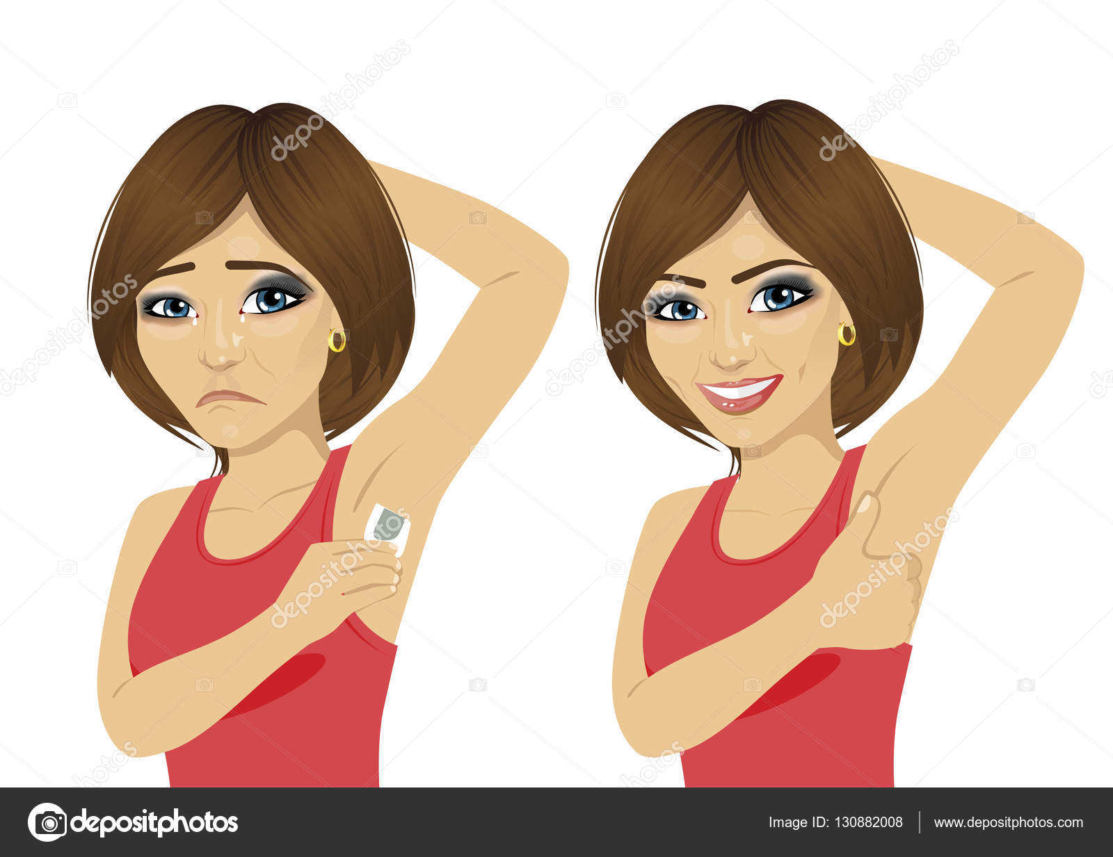 Young woman in two different action waxing armpit using cold wax strip ...
