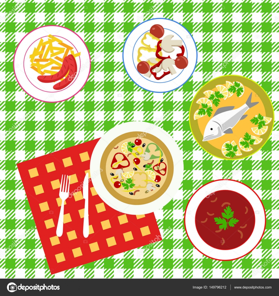 Dining table top view. Stylish graphic set with dishes and napkin ...