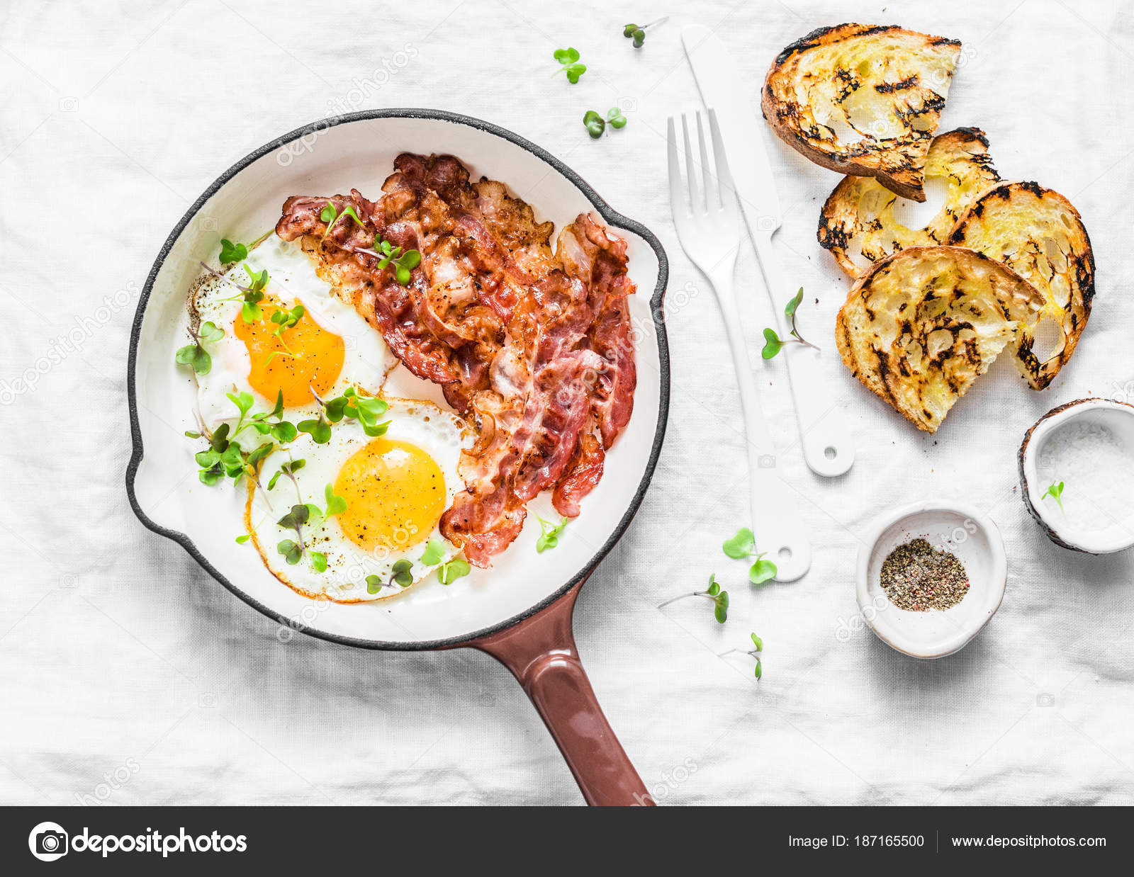 Traditional Breakfast Snack Fried Eggs Bacon Grilled Bread Light ...
