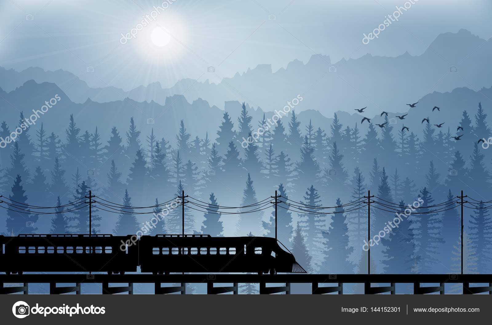 Horizontal the high speed train on landscape forest background Stock ...