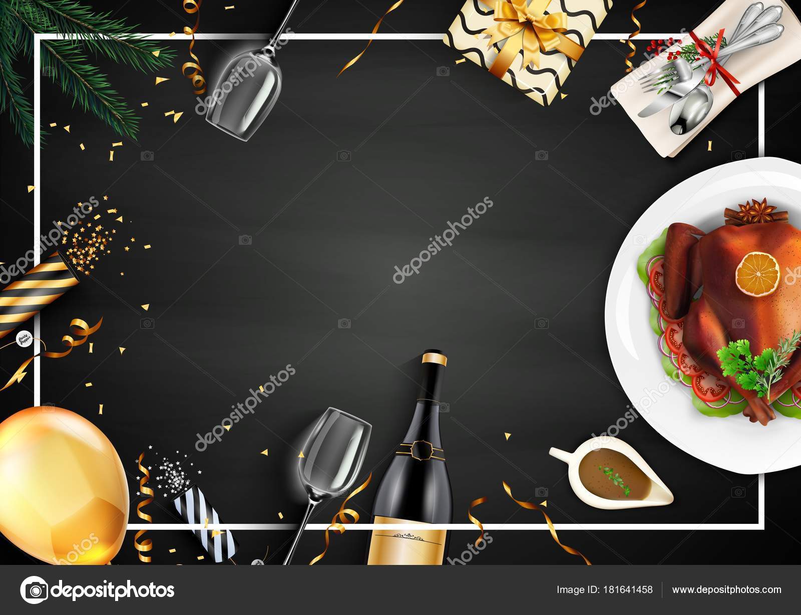 Vector Illustration Festive Dinner Roast Turkey Chalkboard Background ...