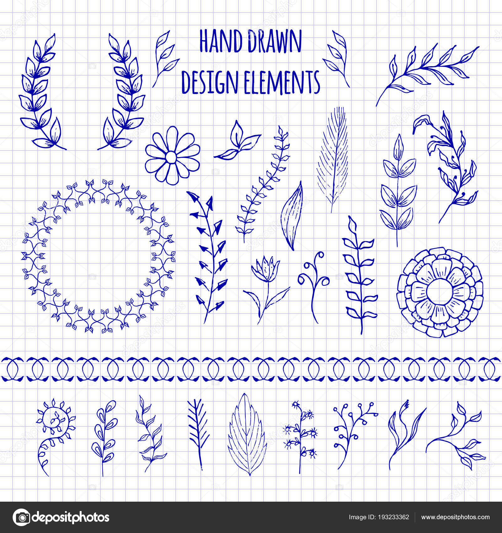 Set of hand-drawn doodle elements and seamless borders. Sketch style ...