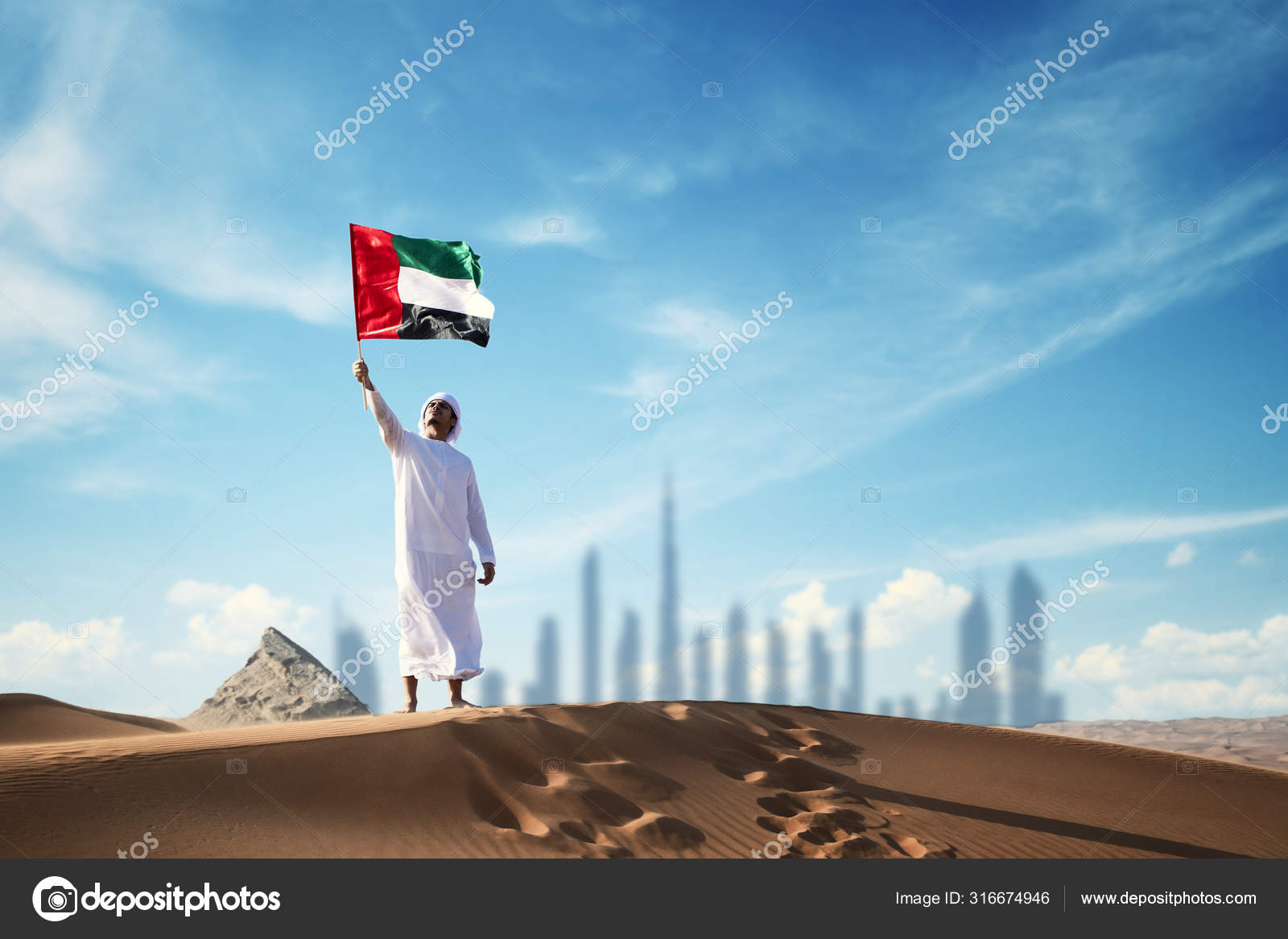 Arab Man Holding Uae Flag Desert Celebrating Uae National Day Stock