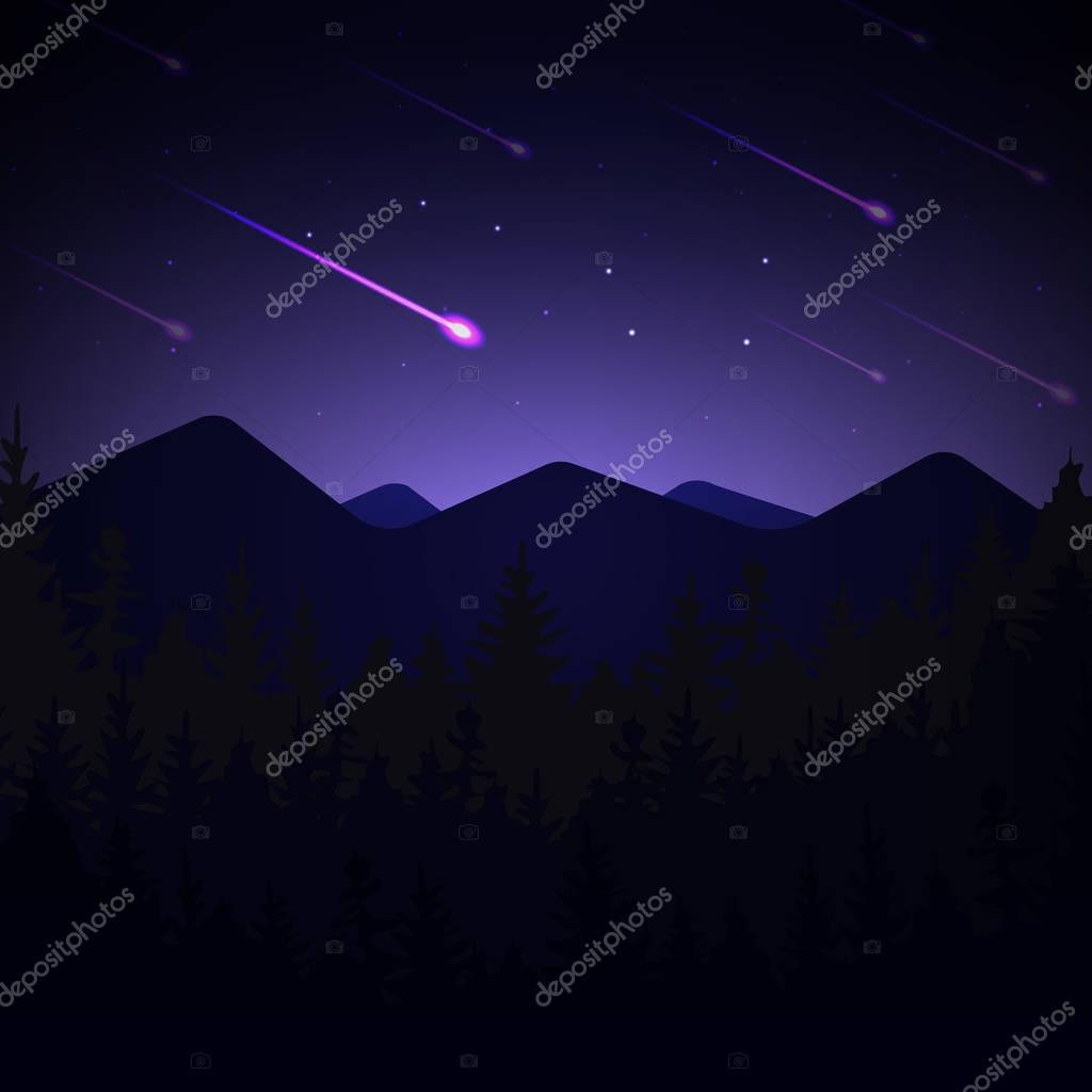 Paisaje nocturno con montañas y meteoros cayendo. Ilustración vectorial ...