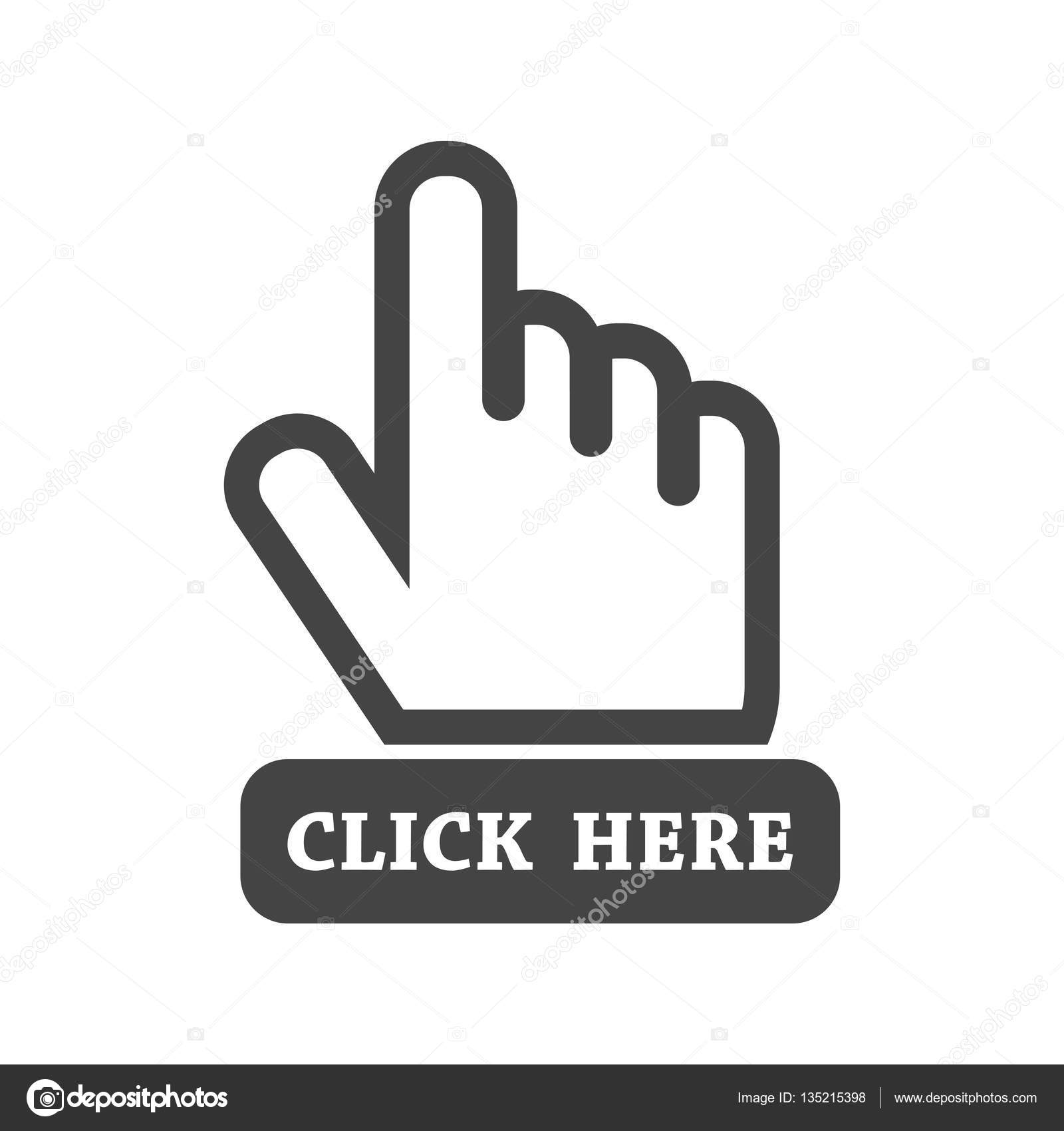 Click here icon. Hand cursor signs. Black button flat vector ...