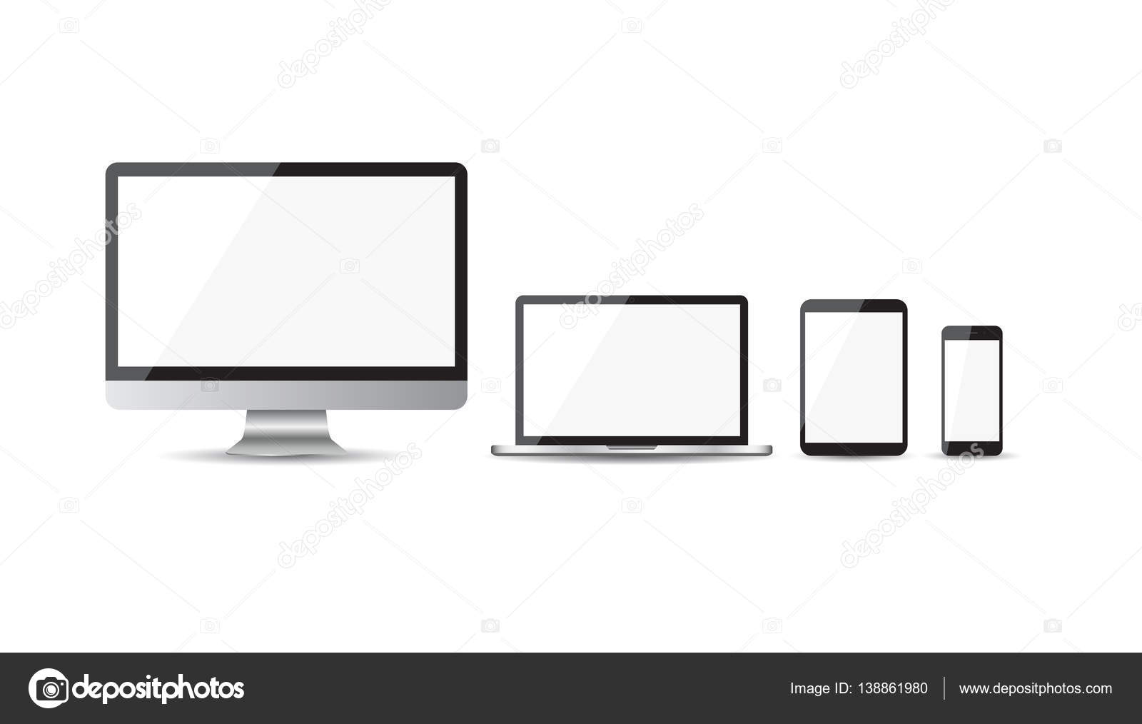 Realistic device flat Icons: smartphone, tablet, laptop and desktop ...