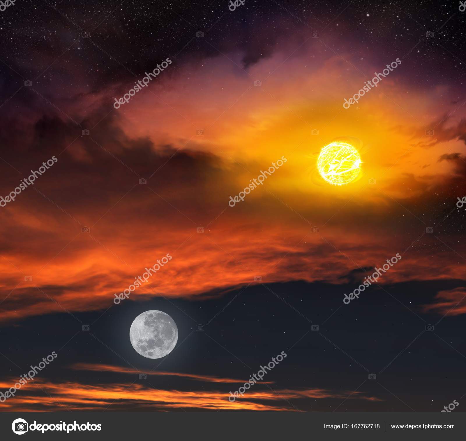 Red sunset and moon . — Stock Photo © yaalan #167762718
