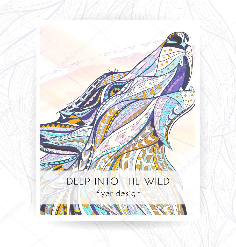 Flyer template with patterned head of the howling wolf — Stock Vector ...