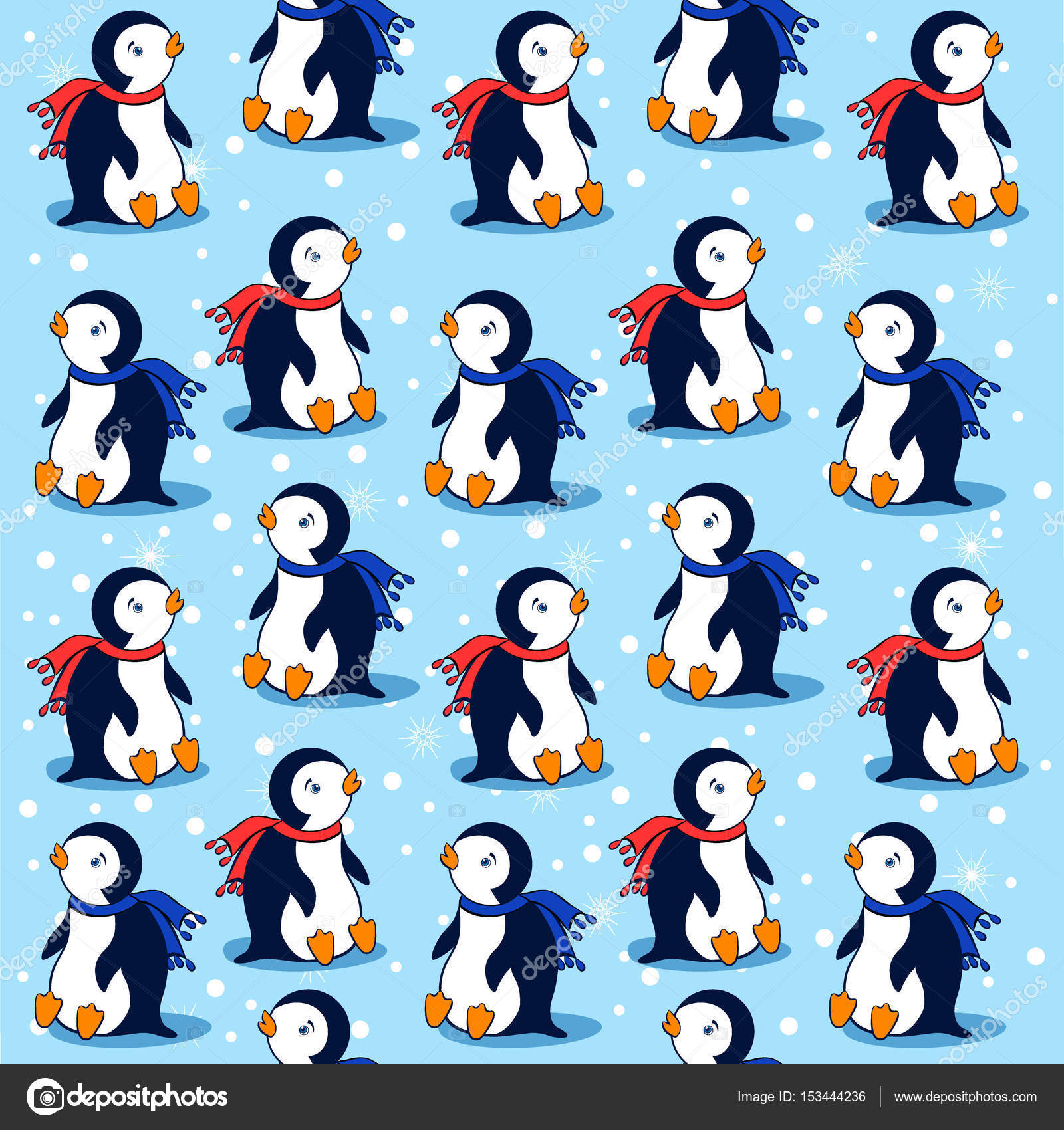 Cartoon penguin on blue background with snowflakes, vector seamless ...