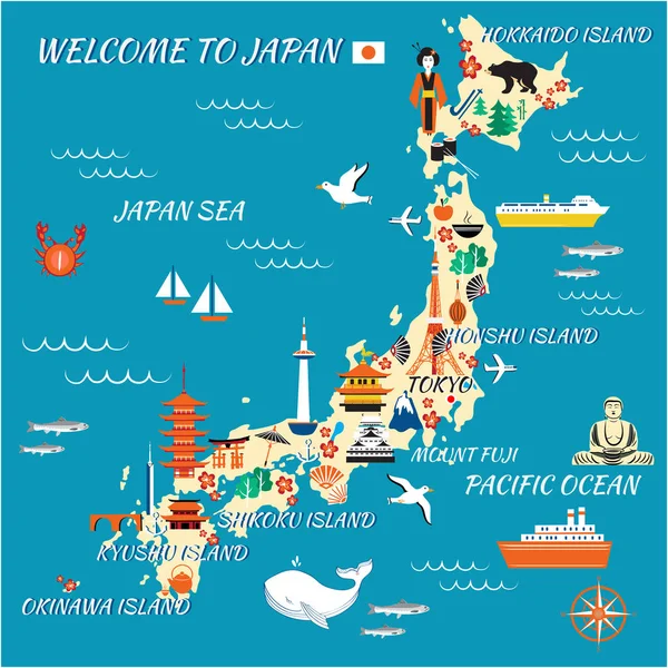 Japan cartoon travel map, vector illustration, landmark Kinkaku JI ...