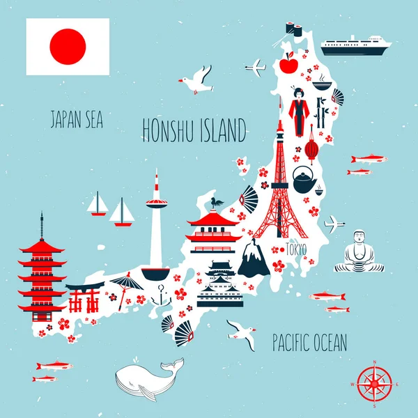 Japan cartoon travel map, vector illustration Honshu island, landmark ...