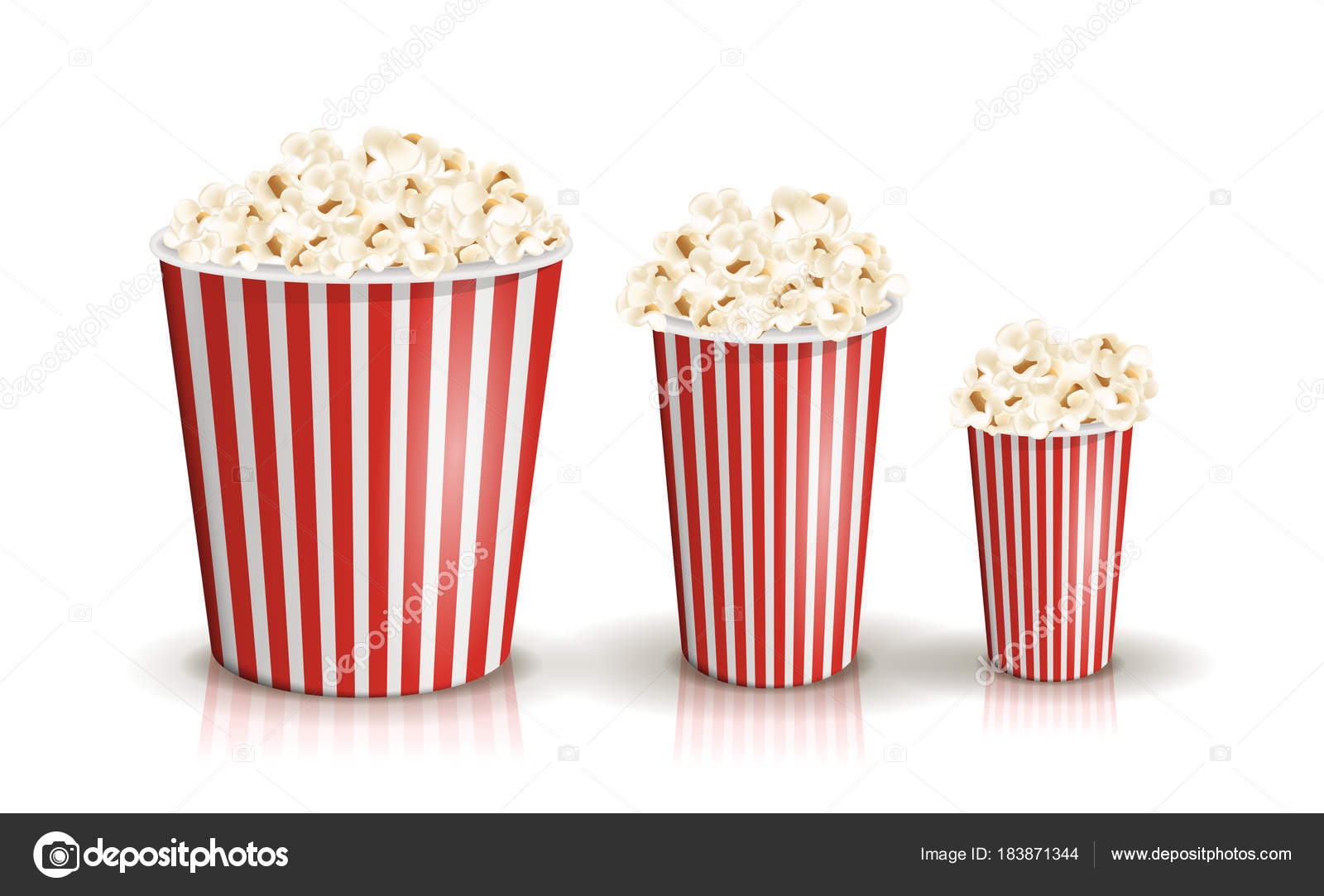 Vector set of full red-and-white striped popcorn buckets in different ...