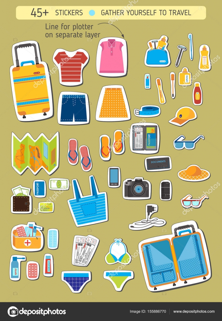 Suitcase with tourist stuff, stickers with big suitcase set, travel ...