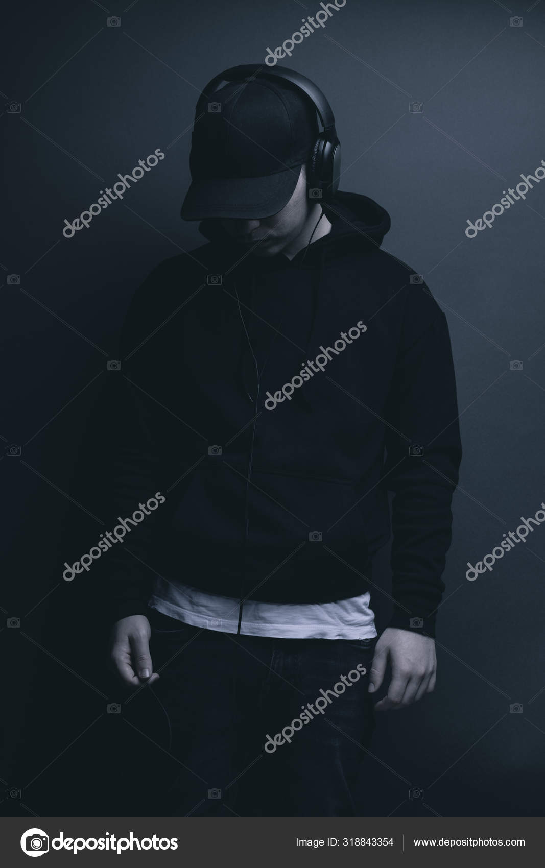 Young Cool Rapper Black Hoodie Cap Looking Listening Music — Stock ...