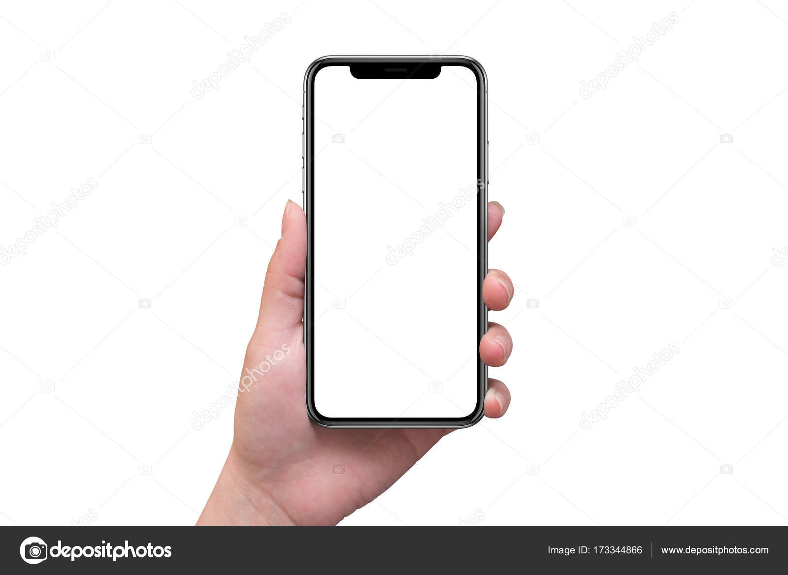 Modern smart phone with x curved screen in woman hand isolated. Blank ...