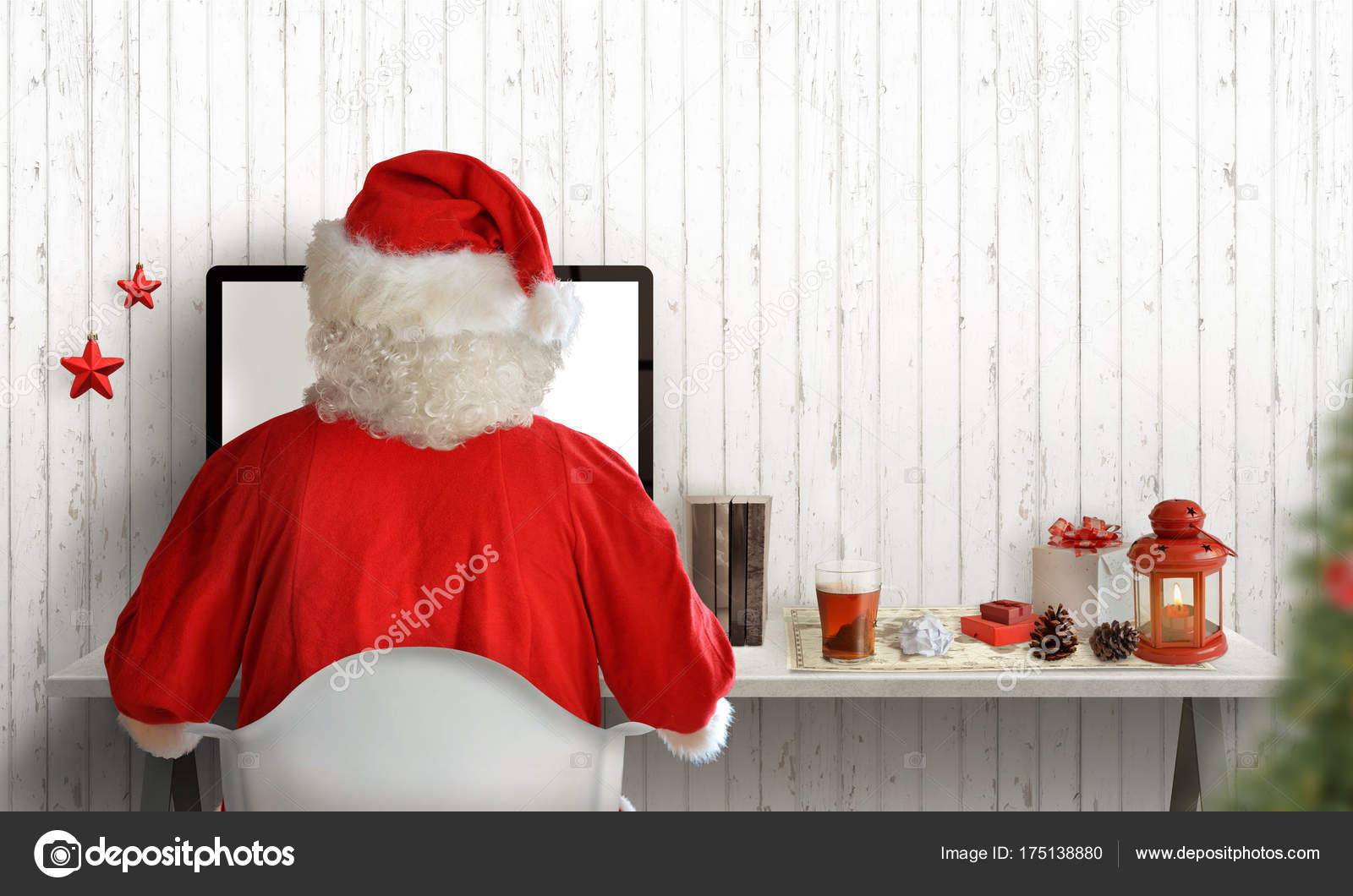 Santa Claus Work Computer Send Letters Kids Christmas Tree Gifts Stock ...
