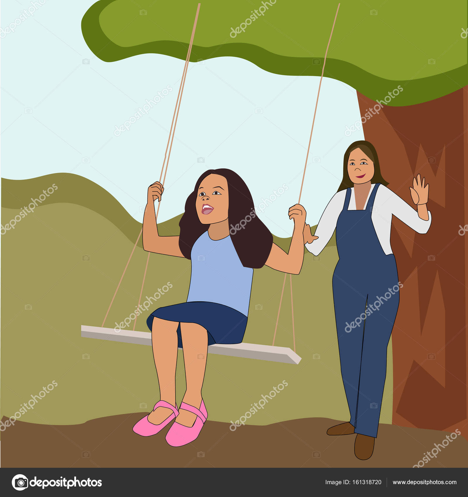 Happy loving family young mother and her child daughter swinging on the swings and laughing ...