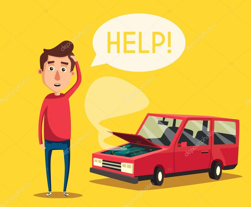 Coche roto. Ilustración de dibujos animados vectoriales. Necesita ayuda ...