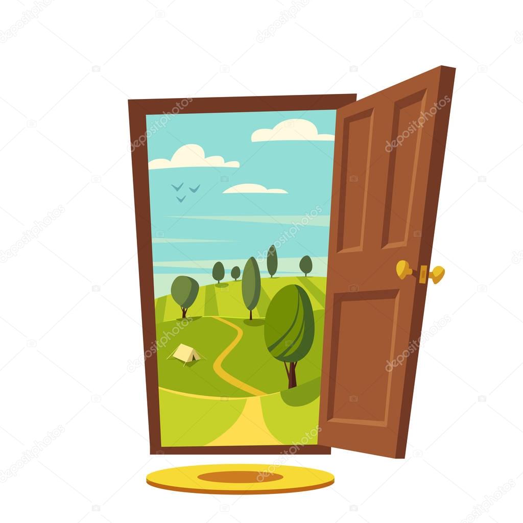 Abre la puerta. Paisaje. Dibujos animados vector ilustración . Vector ...