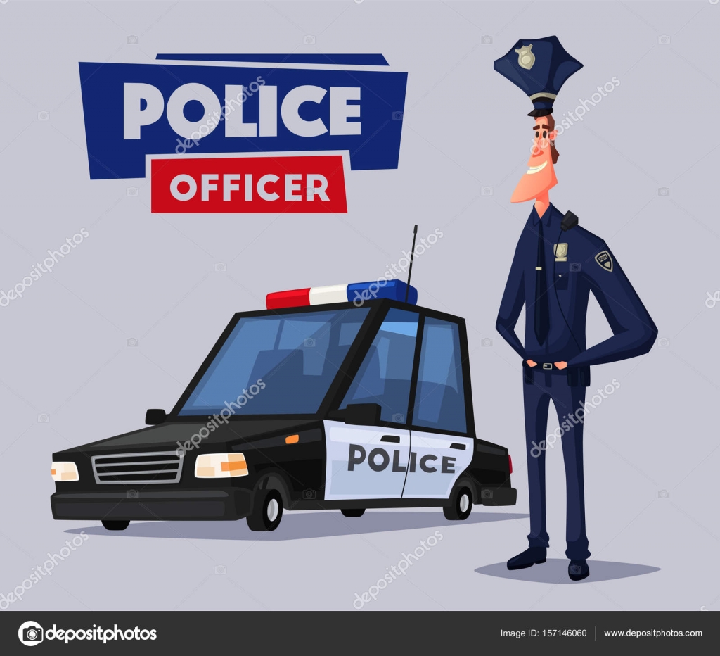 Policeman character and police car. Cartoon vector illustration Stock ...