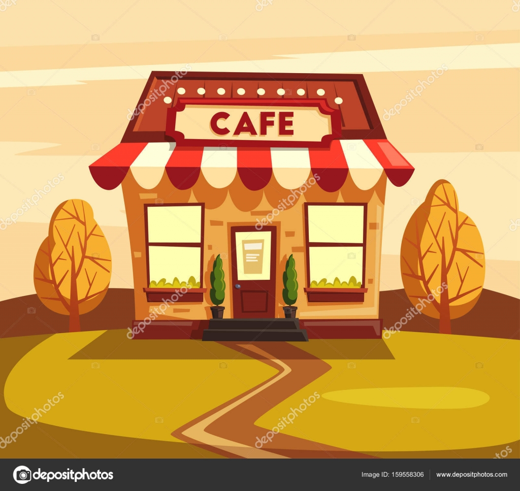 Restaurante o cafetería. Edificio exterior. Dibujos animados ...