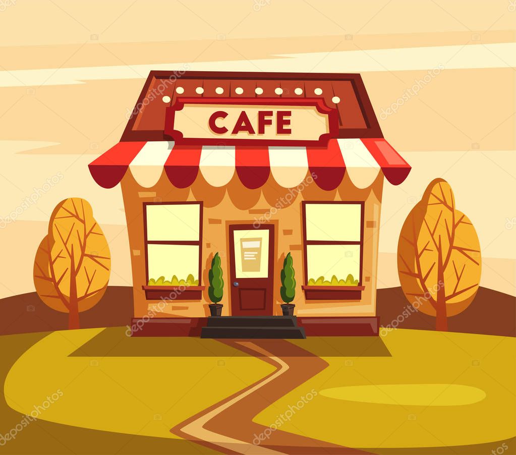 Restaurante o cafetería. Edificio exterior. Dibujos animados ...
