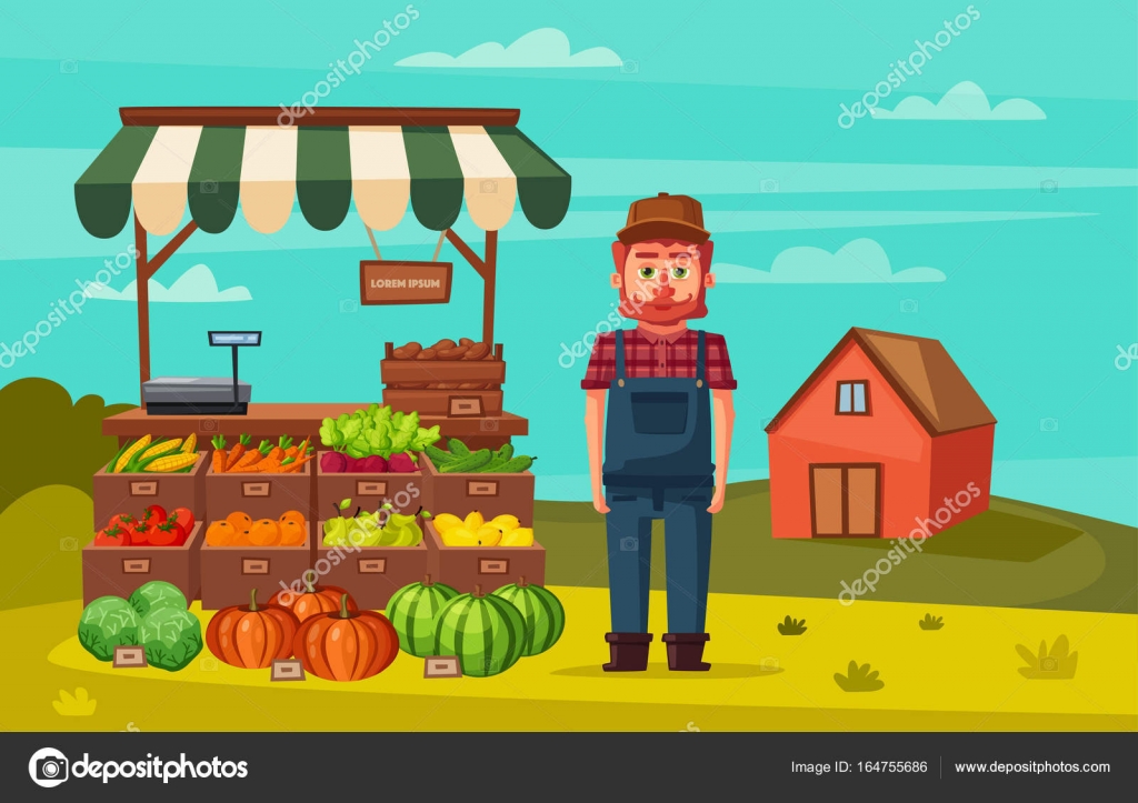 Farm shop. Local stall market. Selling vegetables. Cartoon vector ...