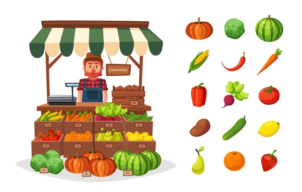 Farm shop. Local stall market. Selling vegetables. Cartoon vector ...